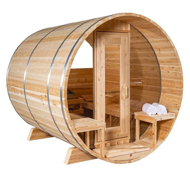 Panoramic Barrel Sauna, 4 Person Canadian Timber Sauna, Personal Home Sauna